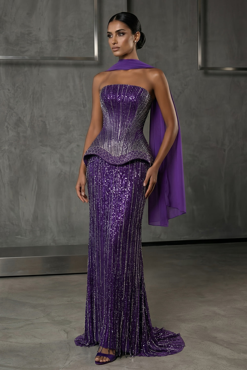 Luxury Purple Strapless Beaded Peplum Mermaid Evening Gown with Draped ...